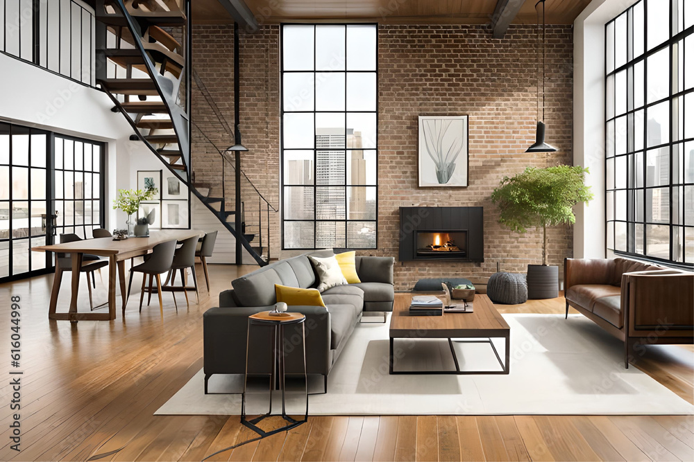 Interior design of an industrial chic living room that incorporates ...