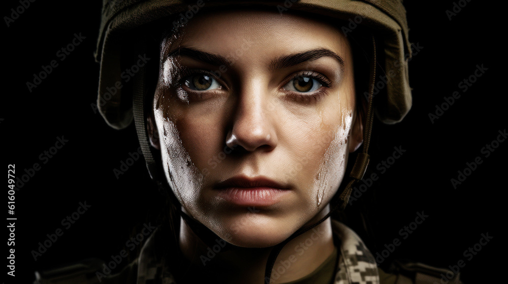 Resolute female soldier emerges, her eyes brimming with courage ...