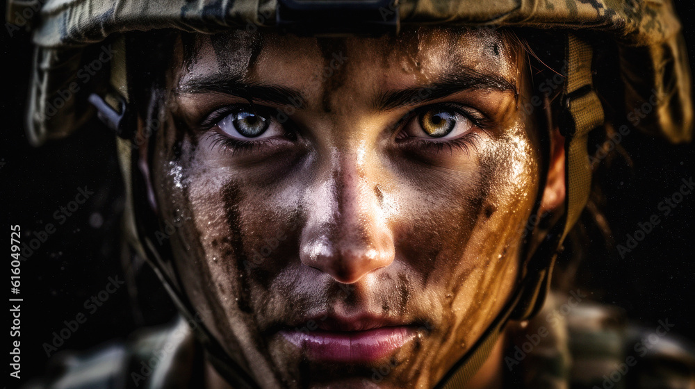 Resolute female soldier emerges, her eyes brimming with courage ...