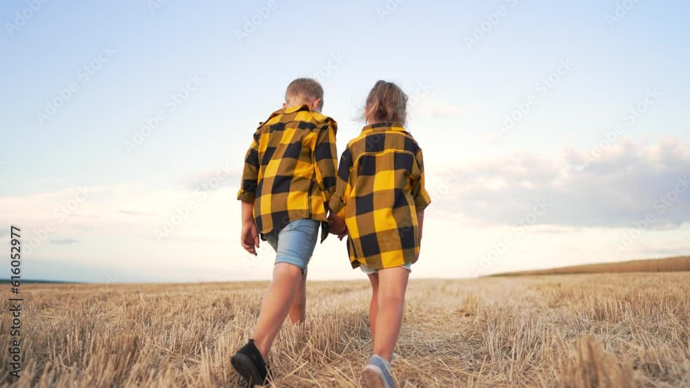 Cute children walk across field holding hands. Children walk in summer ...