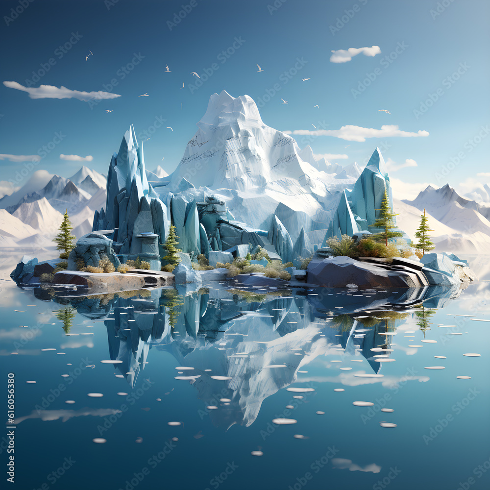 immersive isometric depiction of Antarctic iceberg floating in frigid waters, capturing unique ...
