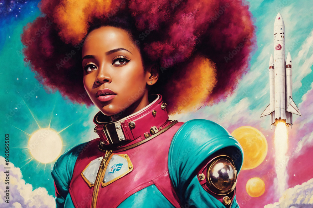 Portrait of a beautiful woman as an astronaut, space theme in the retro ...