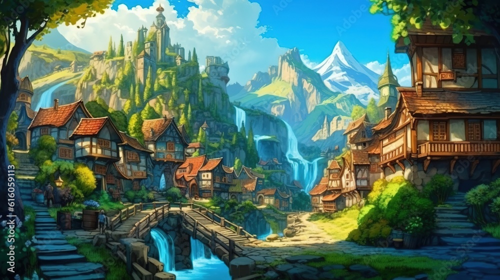 Charming village landscapes . Fantasy concept , Illustration painting ...