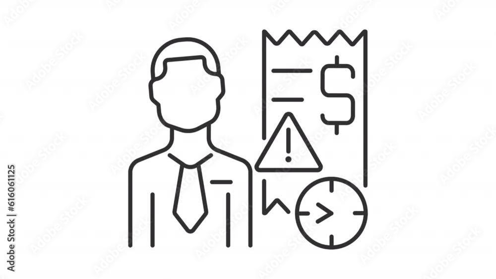 Animated collector line icon. Office worker with bill and warning sign ...