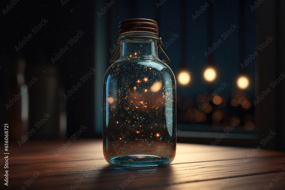 Space in a glass bottle. Fabulous space wallpaper, glass vessel with ...