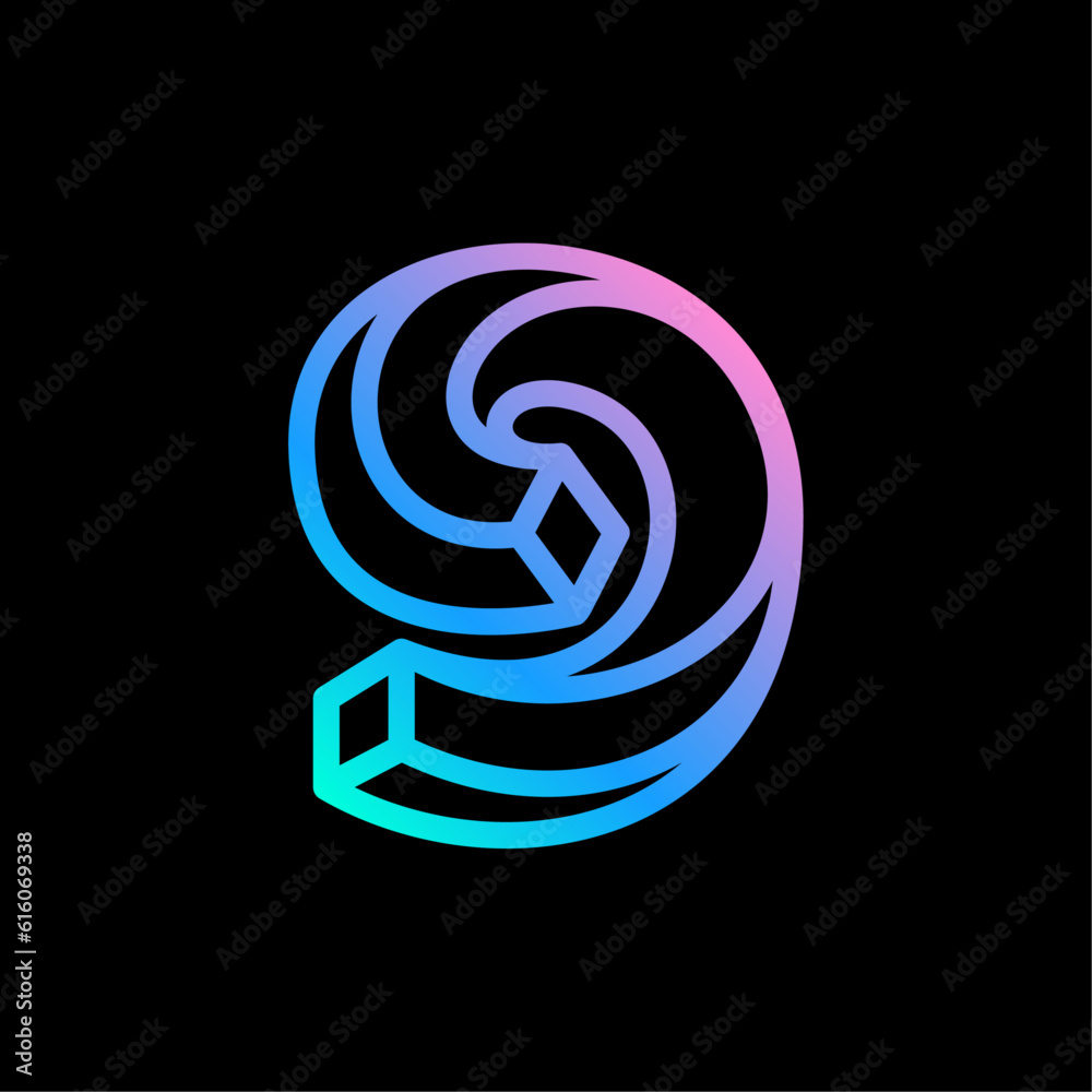 9 logo. Isometric number nine. Neon lights emblem. Multicolor gradient ...