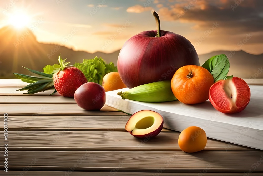 Fruit background of various types laid out on flat surface made with ...