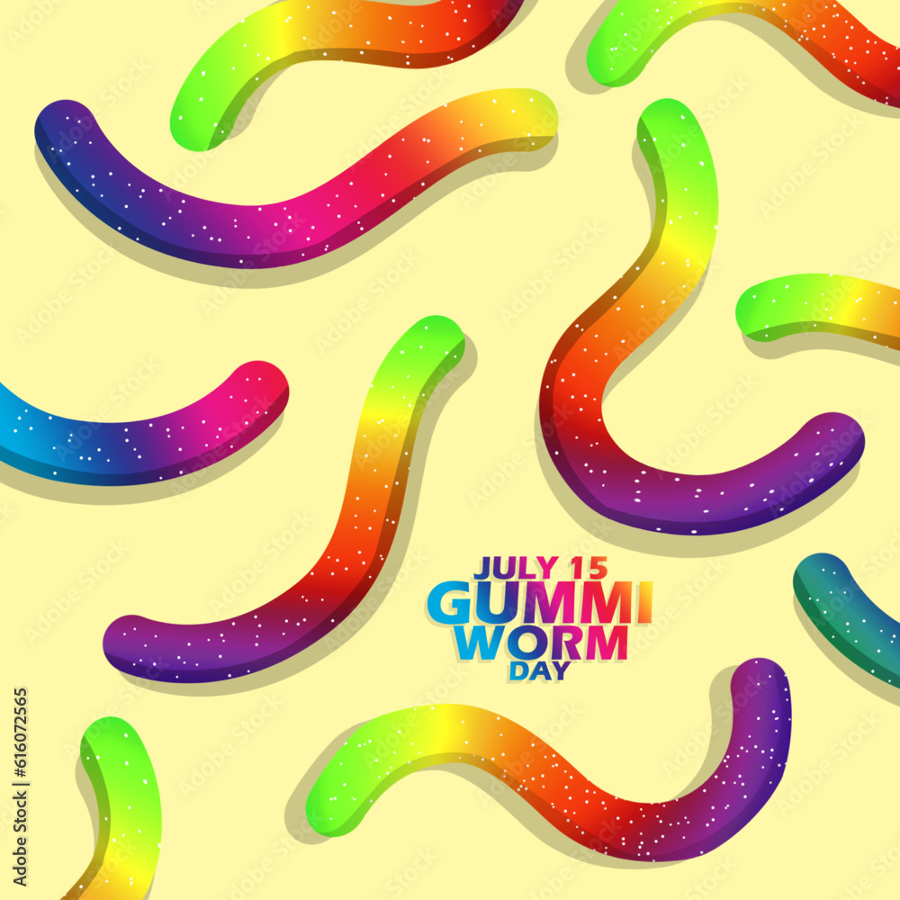 Colorful Chewy candies shaped like worms and bold text on light brown ...