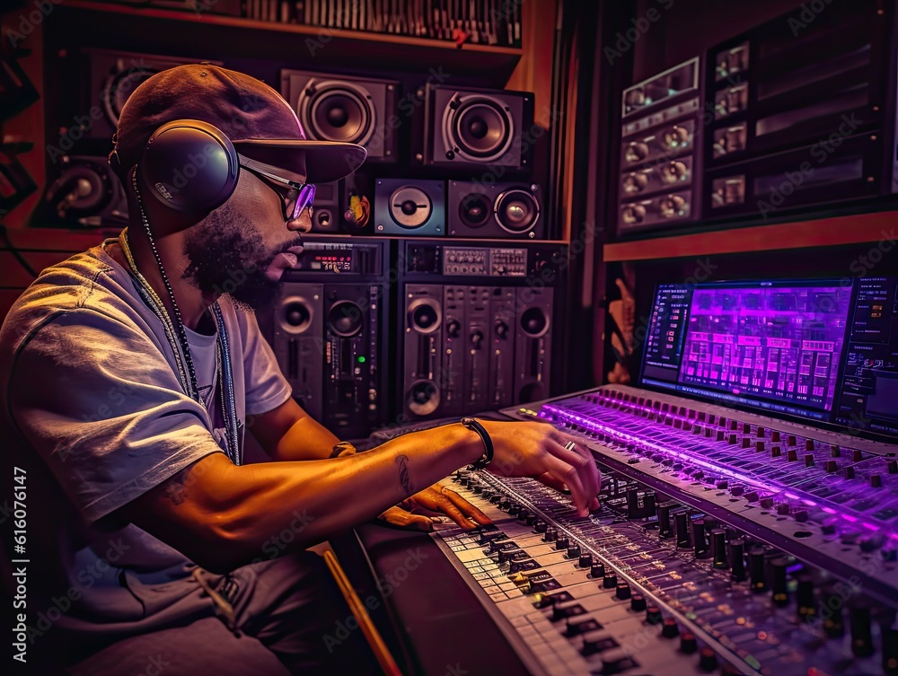 Sound engineer working in recording studio at sound mixing console ...