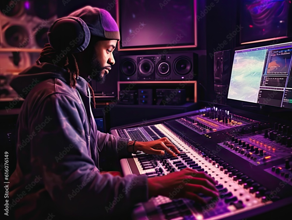 Sound engineer working in recording studio at sound mixing console ...