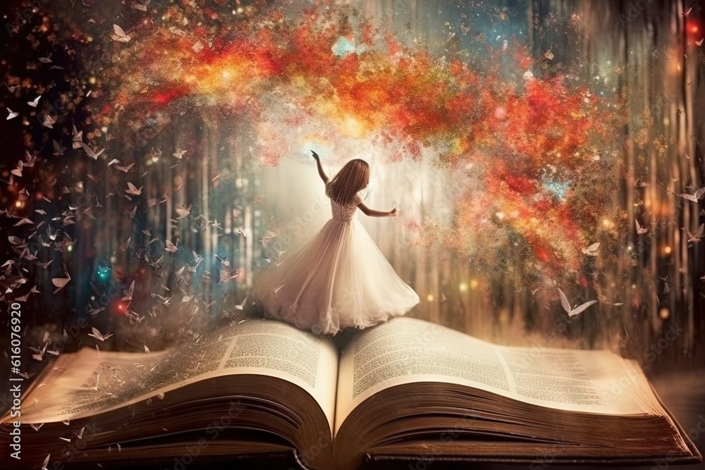 In the realm of imagination, words dance across book pages ...