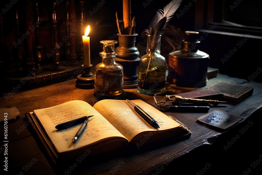 On the worn wooden desk of the old library, an open book reveals ...