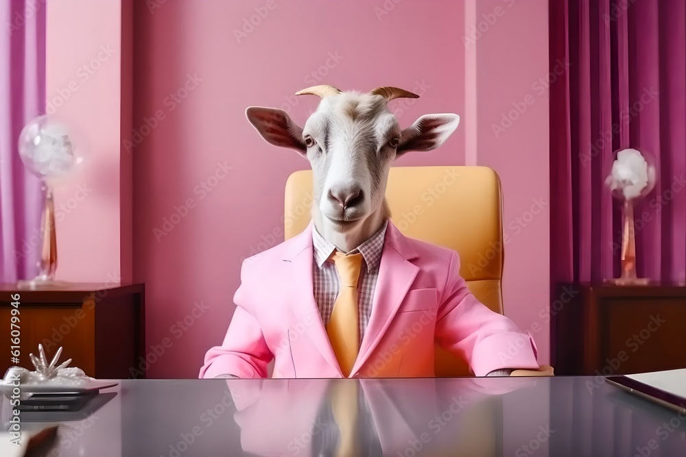 A stylish goat with horns in the interior of the office in a business ...