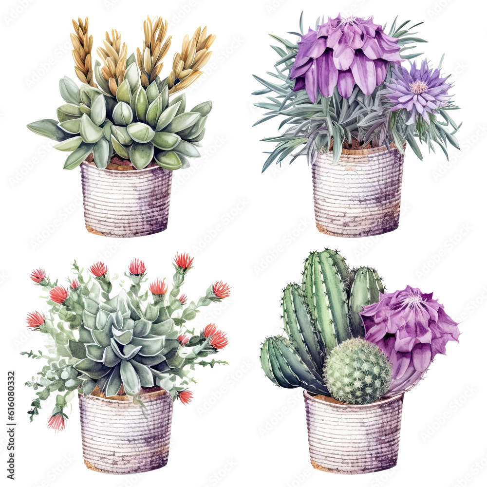 Watercolor purple cactus flowers clip art illustration transparent ...