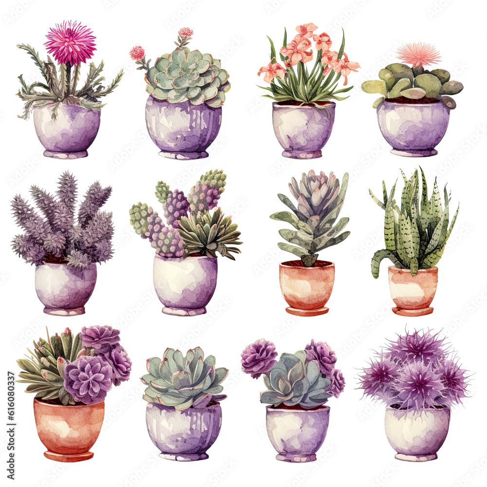 Watercolor purple cactus flowers clip art illustration transparent ...