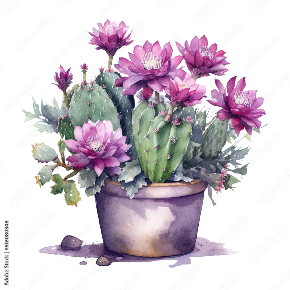 Watercolor purple cactus flowers clip art illustration transparent ...