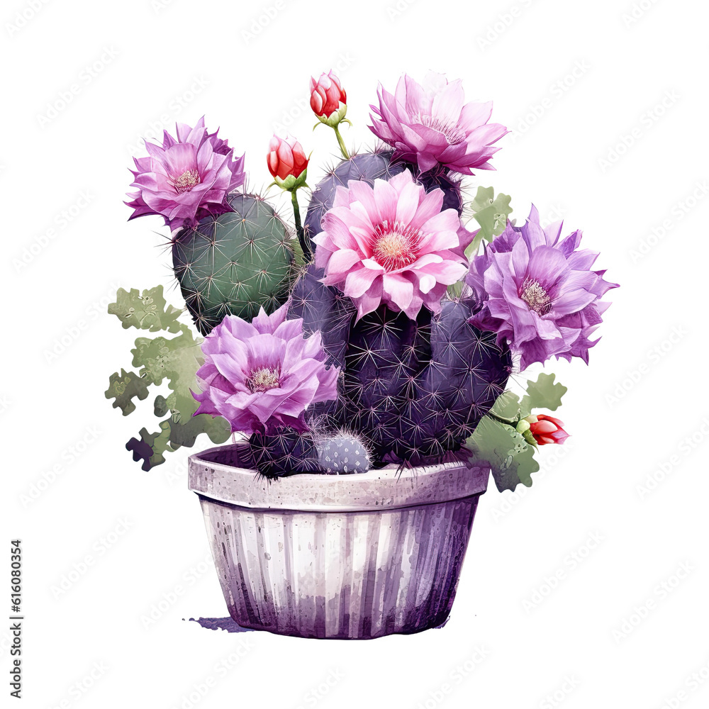 Watercolor purple cactus flowers clip art illustration transparent ...