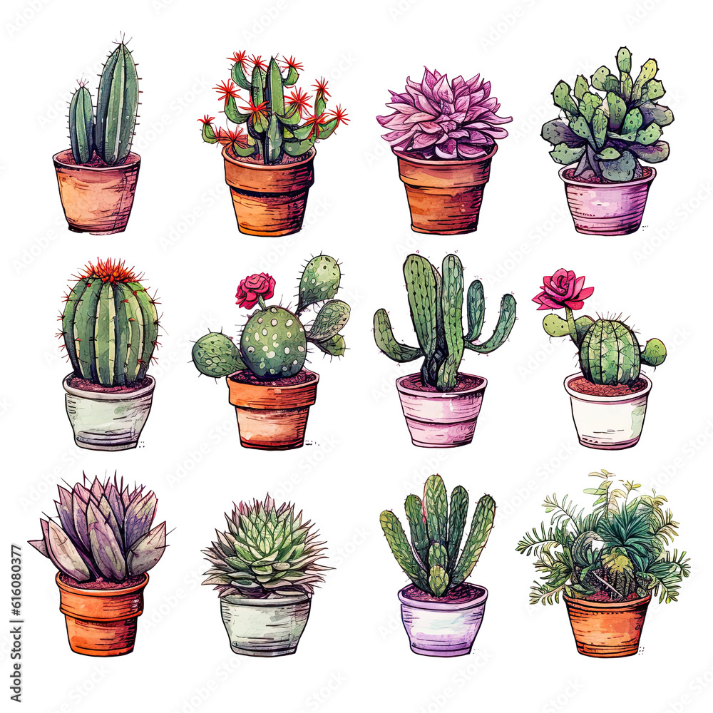 Watercolor purple cactus flowers clip art illustration transparent ...