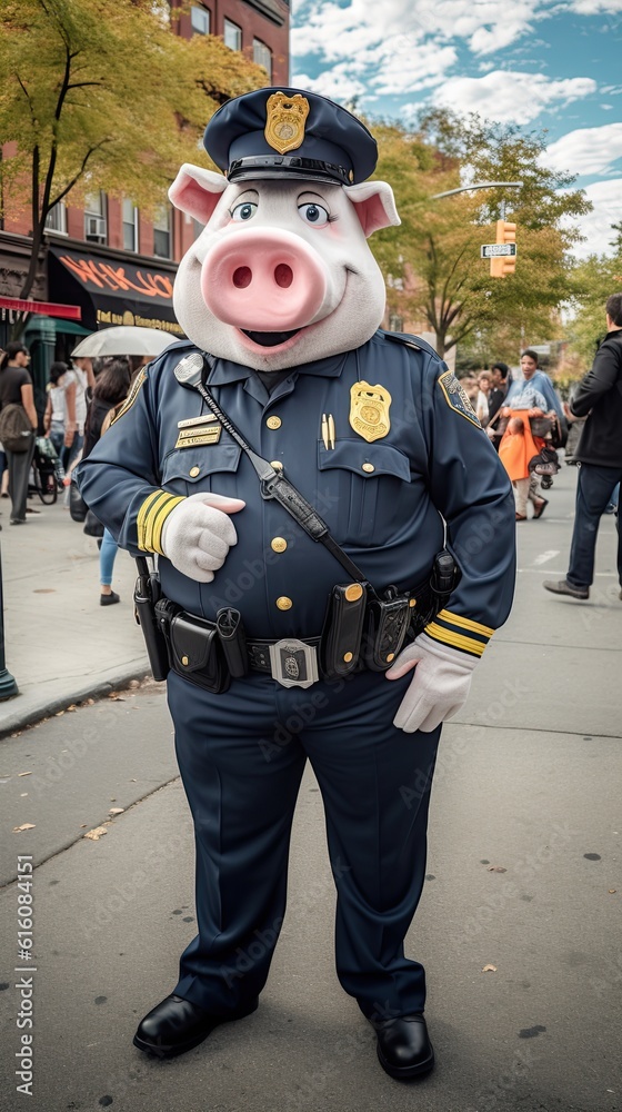 Pig dressed like a police officer who is patrolling the streets ...