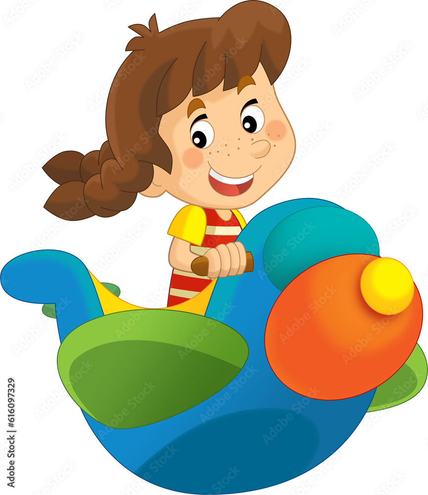 Cartoon girl kid on a toy funfair plane amusement park or playground ...