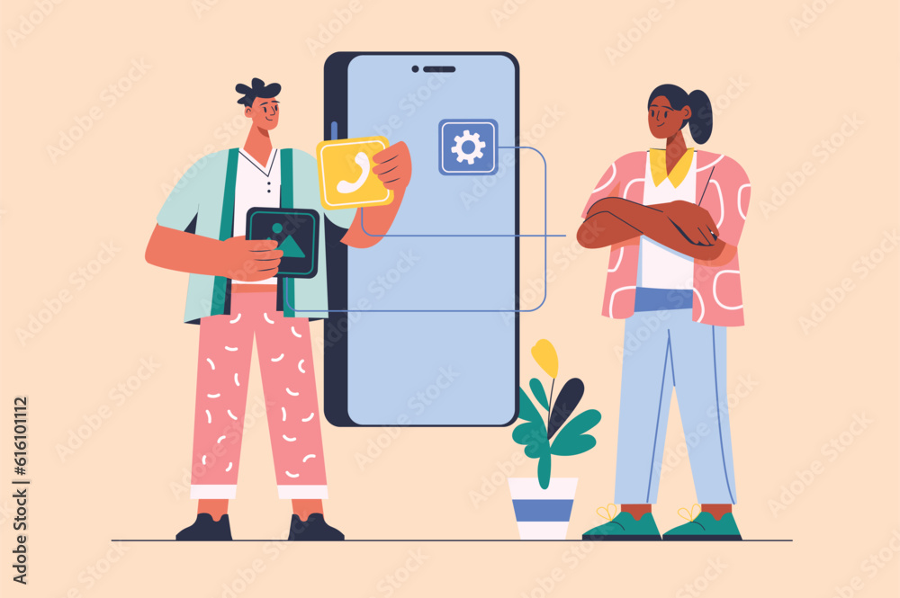 App development concept with people scene in the flat cartoon style ...