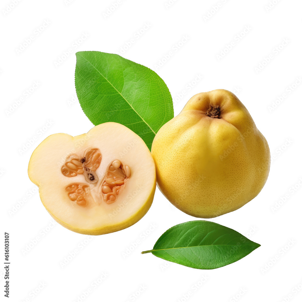 Isolated quince fruit with green leaf next to another half quince on ...