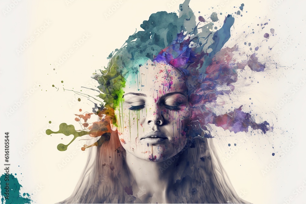 Woman with vivid watercolor explosion on her head as symbol for inner ...