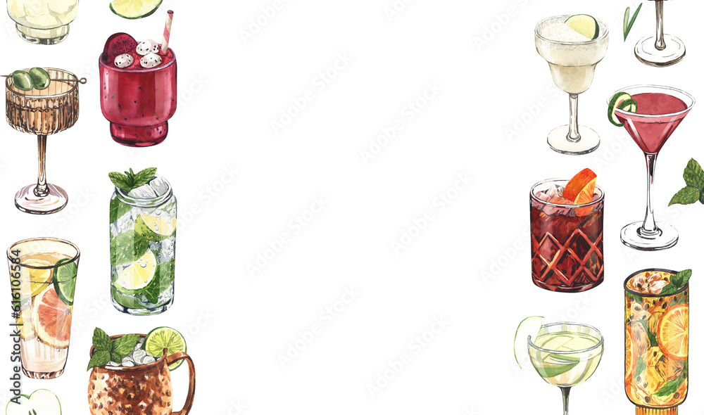 Watercolor frame, cocktail glasses: martini, gin,margarita,mojito ...