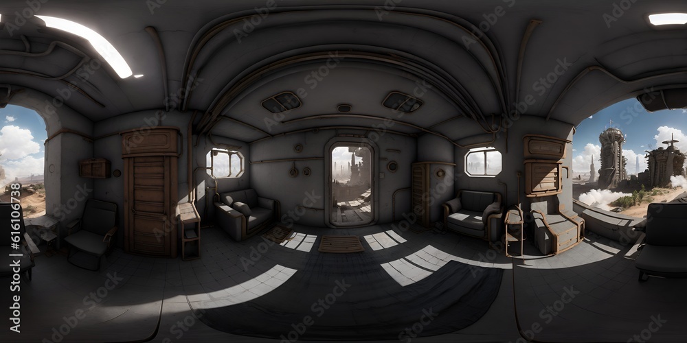Post-apocalyptic ruined city. Destroyed buildings 360 Panorama HDRI ...