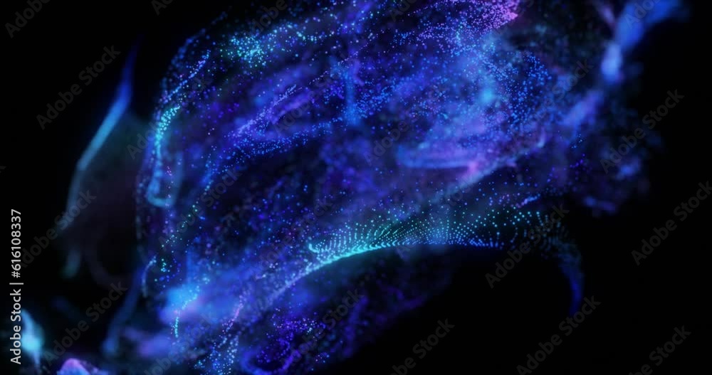 Explosion of abstract liquid particles, flow of glowing liquid ...