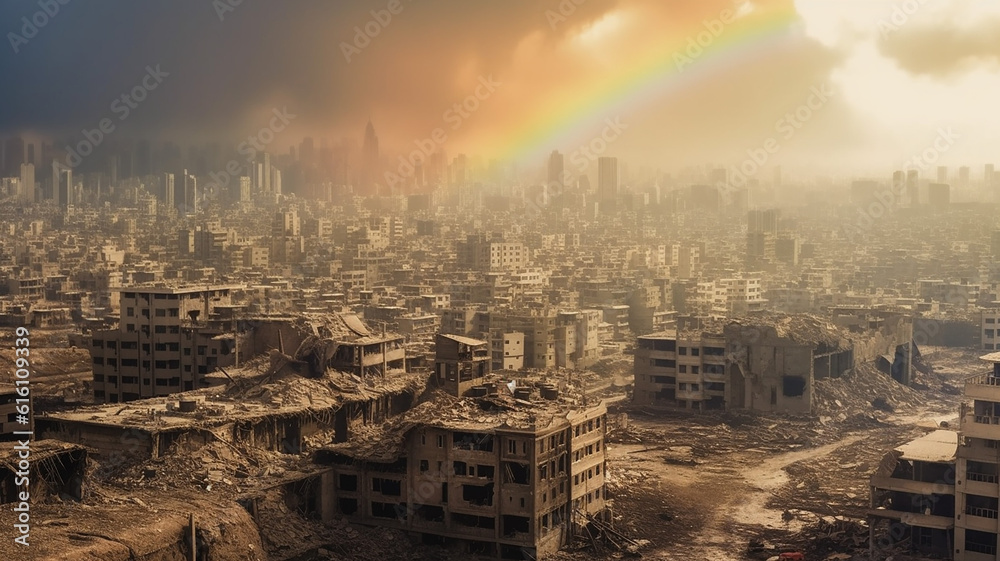 Generative AI a rainbow over the ruins of a city destroyed by bombings ...