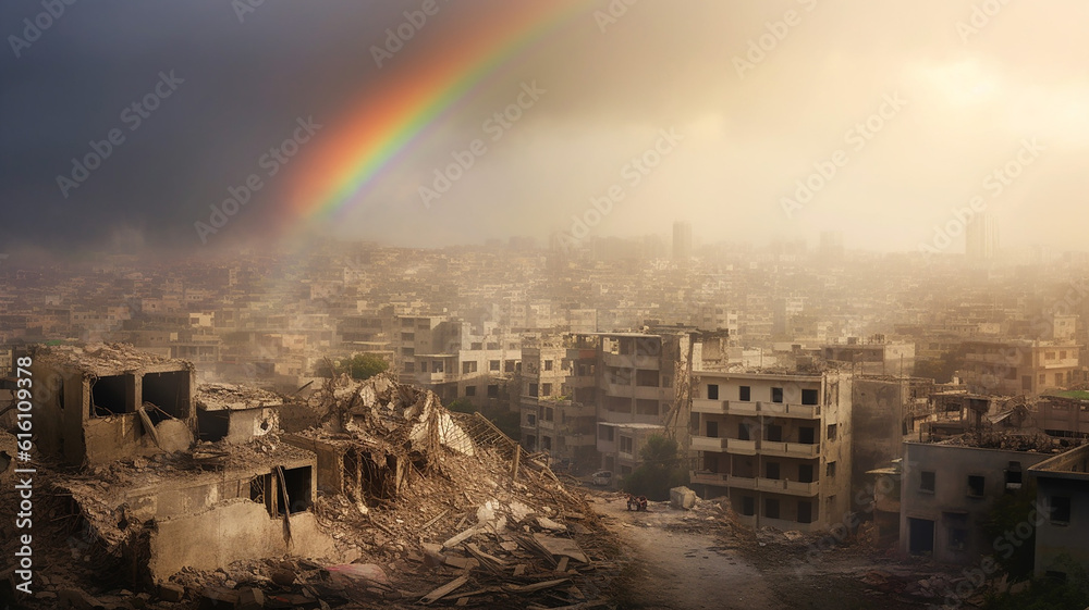 Generative AI a rainbow over the ruins of a city destroyed by bombings ...