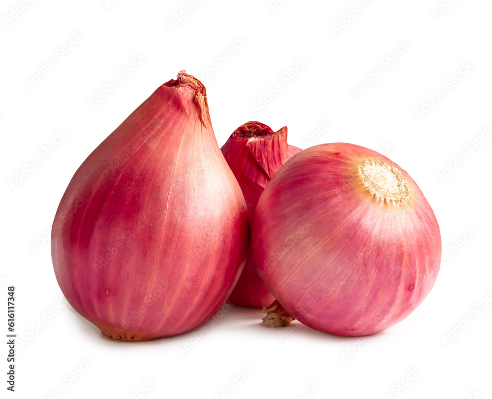 Three fresh red onion bulbs in stack are isolated on white background ...