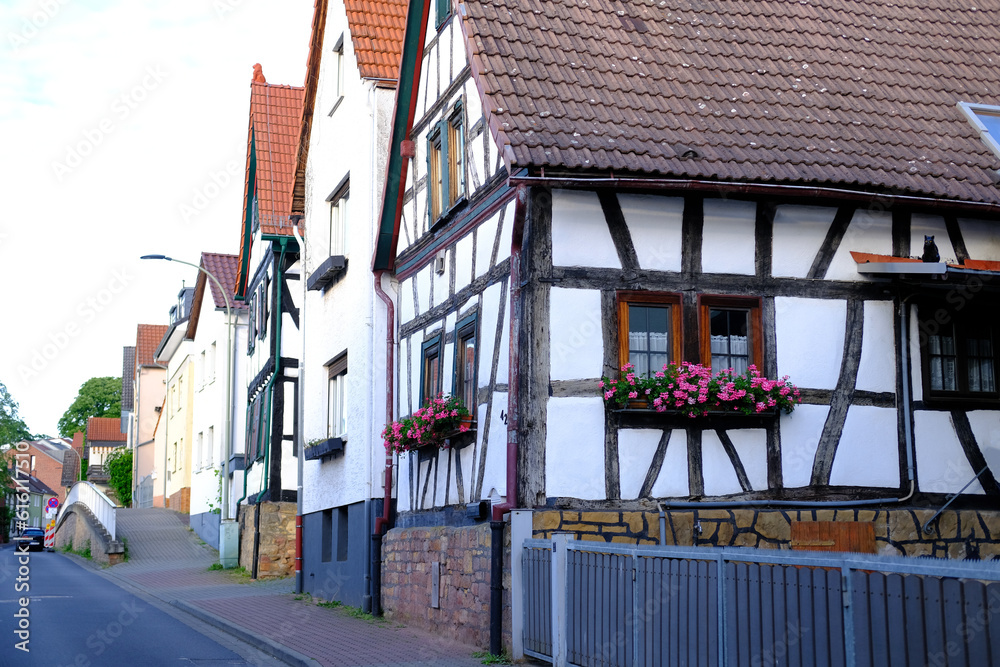 street of historic building, beautiful facade ancient half-timbered ...