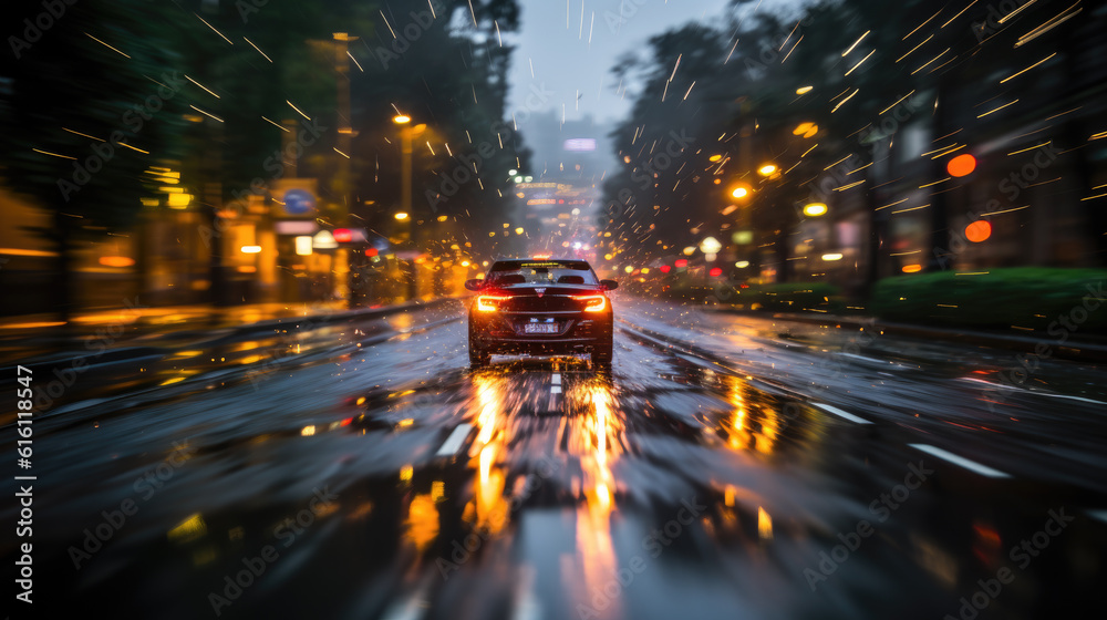 Generative ai illustration of a Car driving in rain and storm abstract ...
