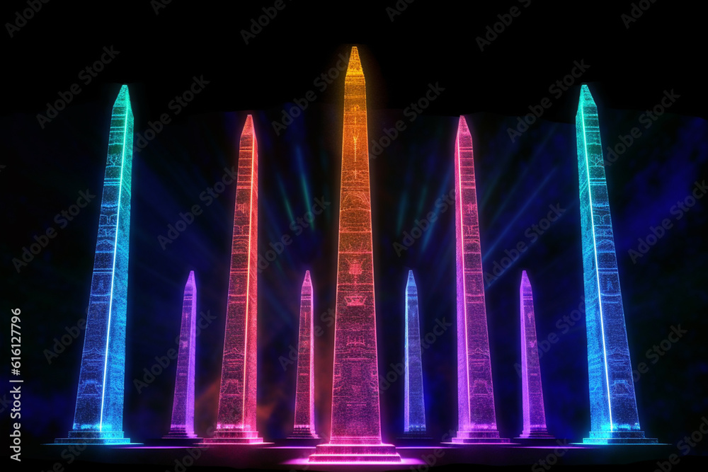 An image showcasing abstract interpretations of obelisks, towering ...