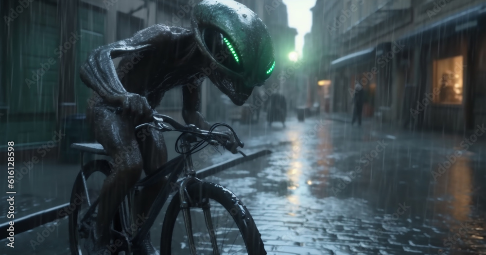 Weird alien creature riding a bicycle in a deserted city where it rains ...