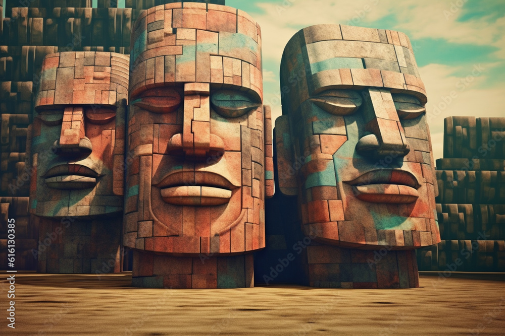 An abstract depiction of the famous Olmec colossal heads, with bold ...