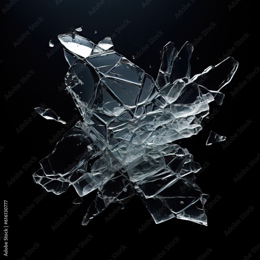 cracked glass object on black background, smashed glass texture, shards ...