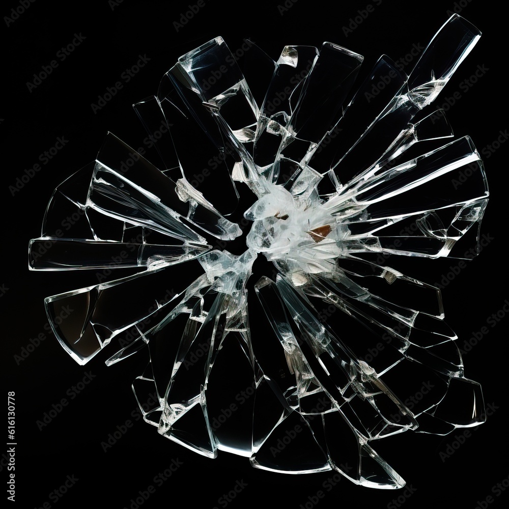 cracked glass object on black background, smashed glass texture, shards ...