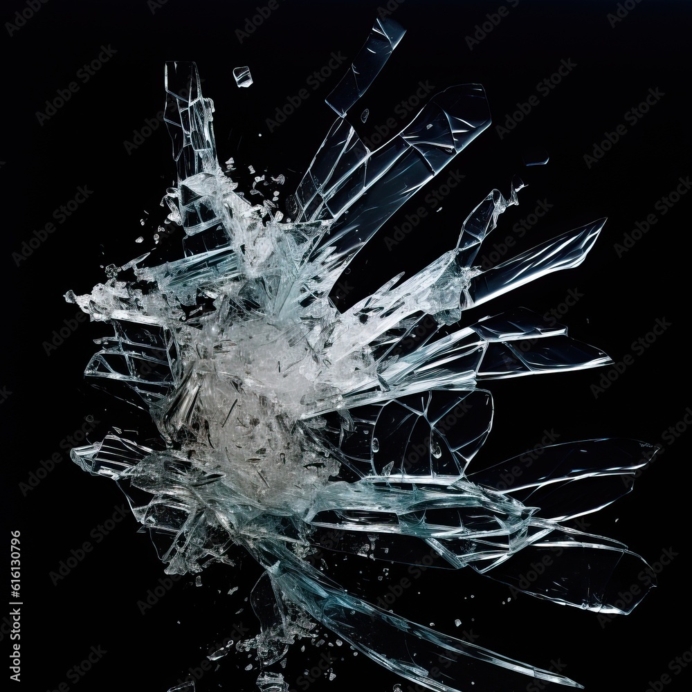 cracked glass object on black background, smashed glass texture, shards ...
