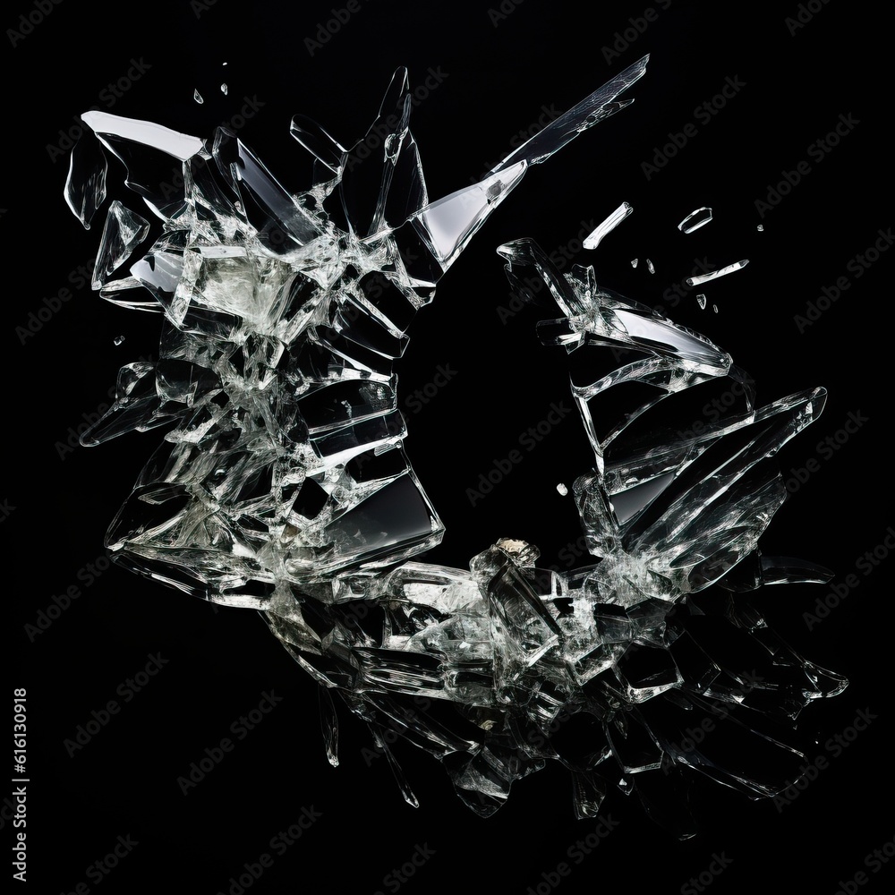 cracked glass object on black background, smashed glass texture, shards ...