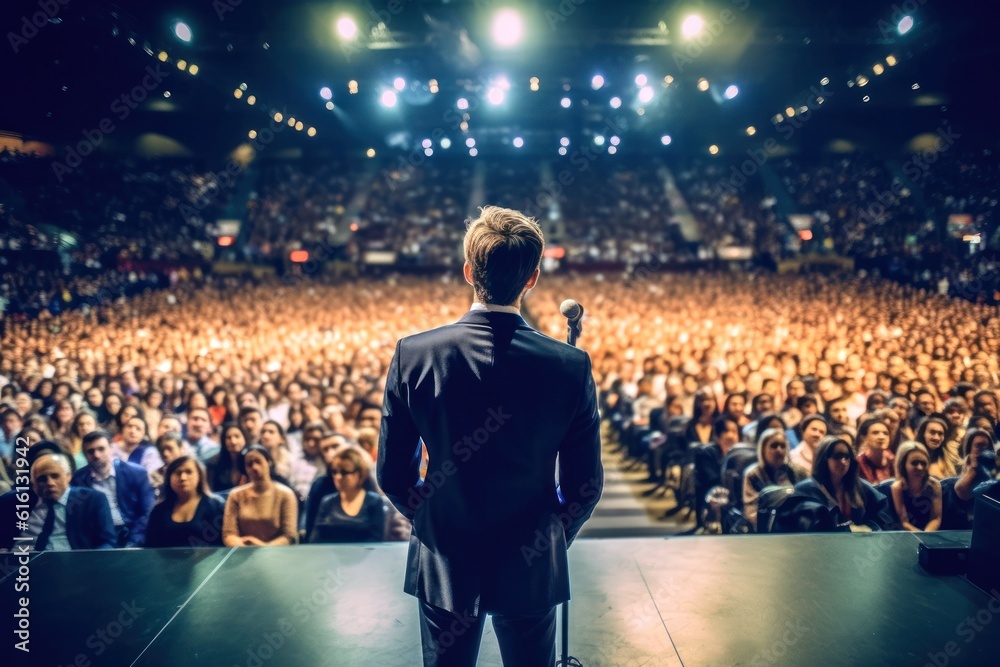 Motivational speaker with headset performing on stage, back view ...