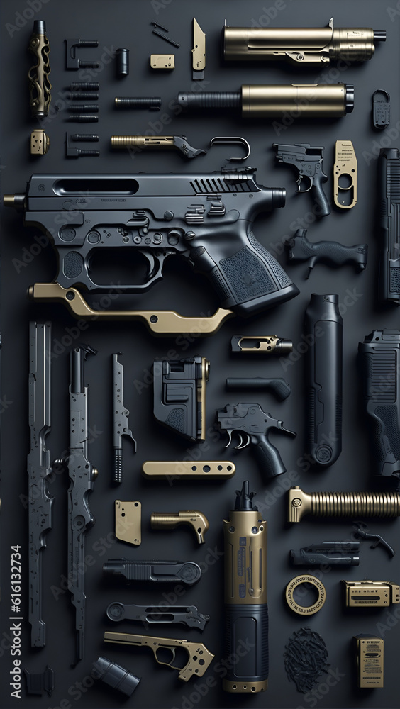 Glock firearm, Costumes and props, Knolling, AI Generative Illustration ...