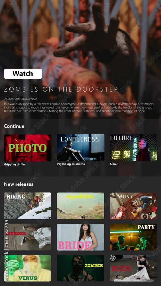 Highlights reel of zombie movie on selection screen of streaming app ...