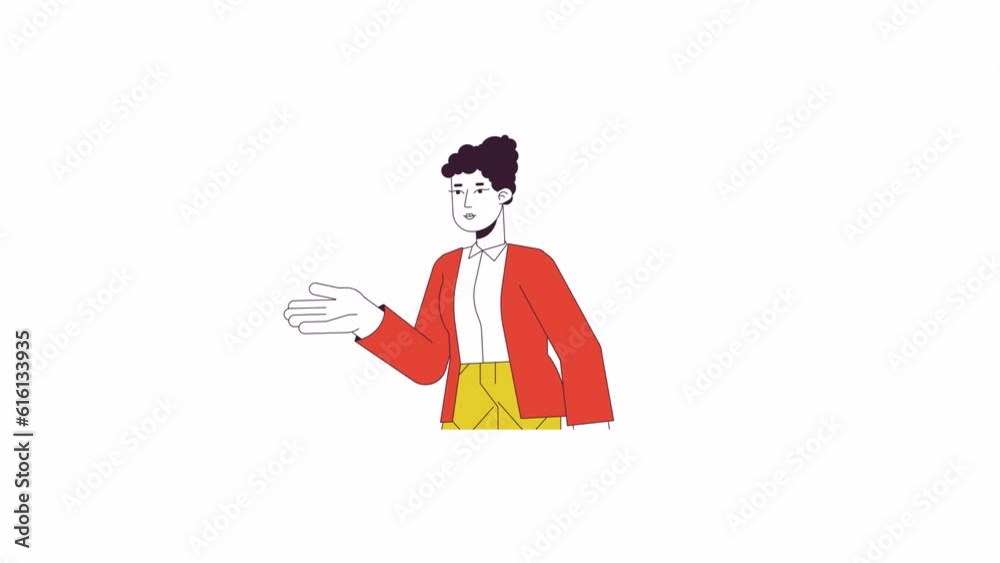 Female tutor explaining animation. Animated cartoon friendly office ...