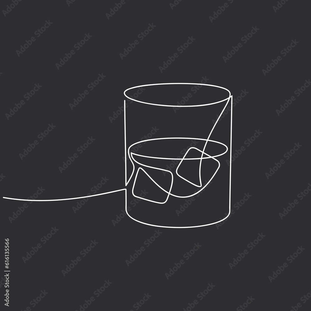 Whiskey glass on the rocks one line continuous drawing. Bourbon, scotch ...