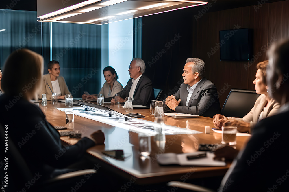 A CEO leading a boardroom meeting, presenting a strategic plan to the ...