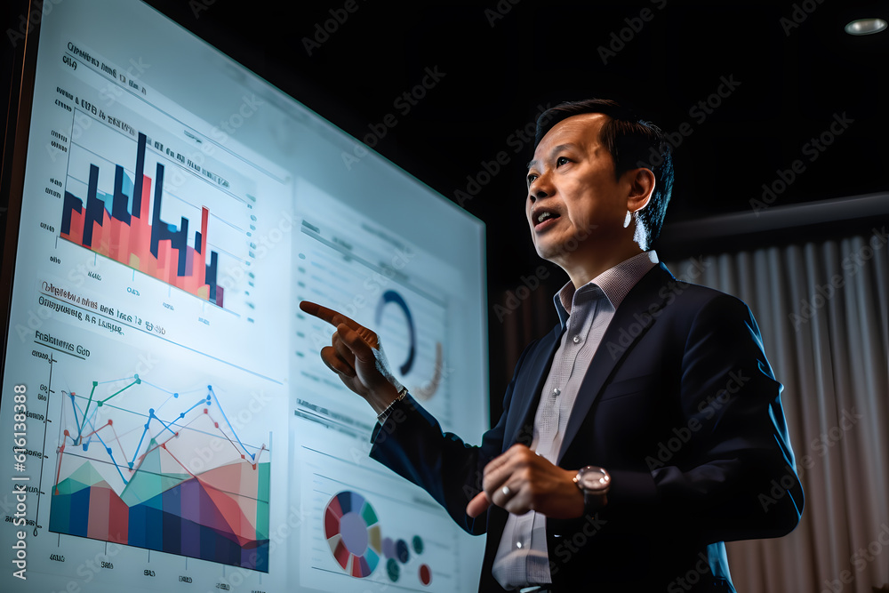 A CEO making an important business presentation to investors ...