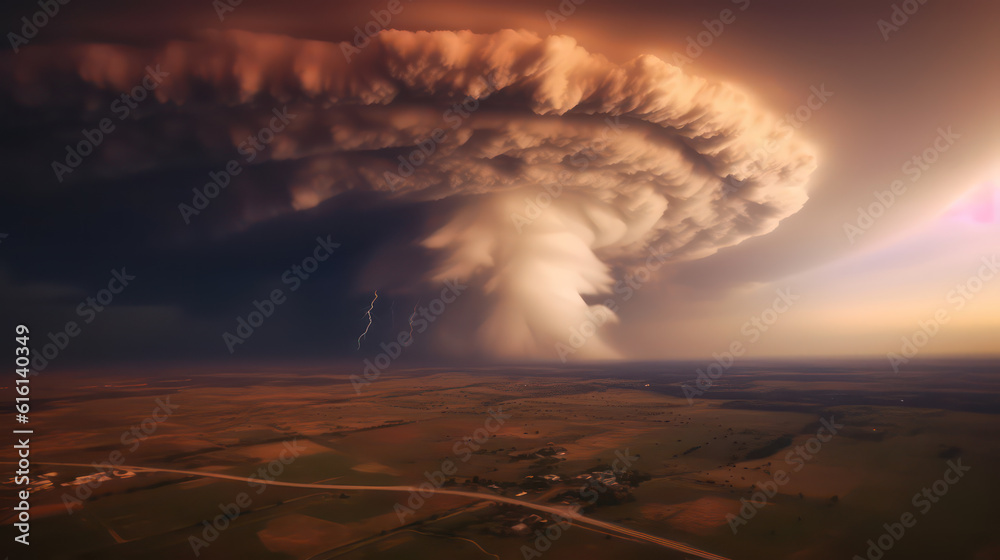 A huge and scary tornado that rips through the landscape, destroying ...